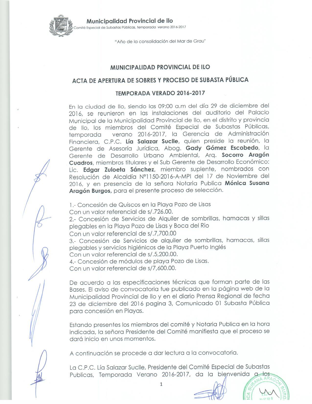 Acta de subasta de espacios y servicios - Temporada de playas 2016-2017